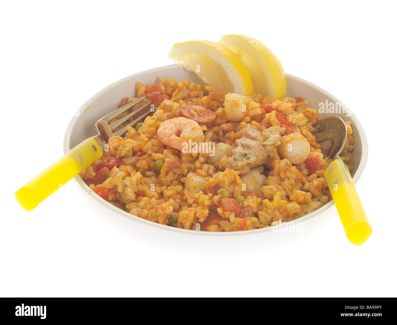 Freshly Prepared Spanish Style Seafood Paella Meal Isolated Against A ...