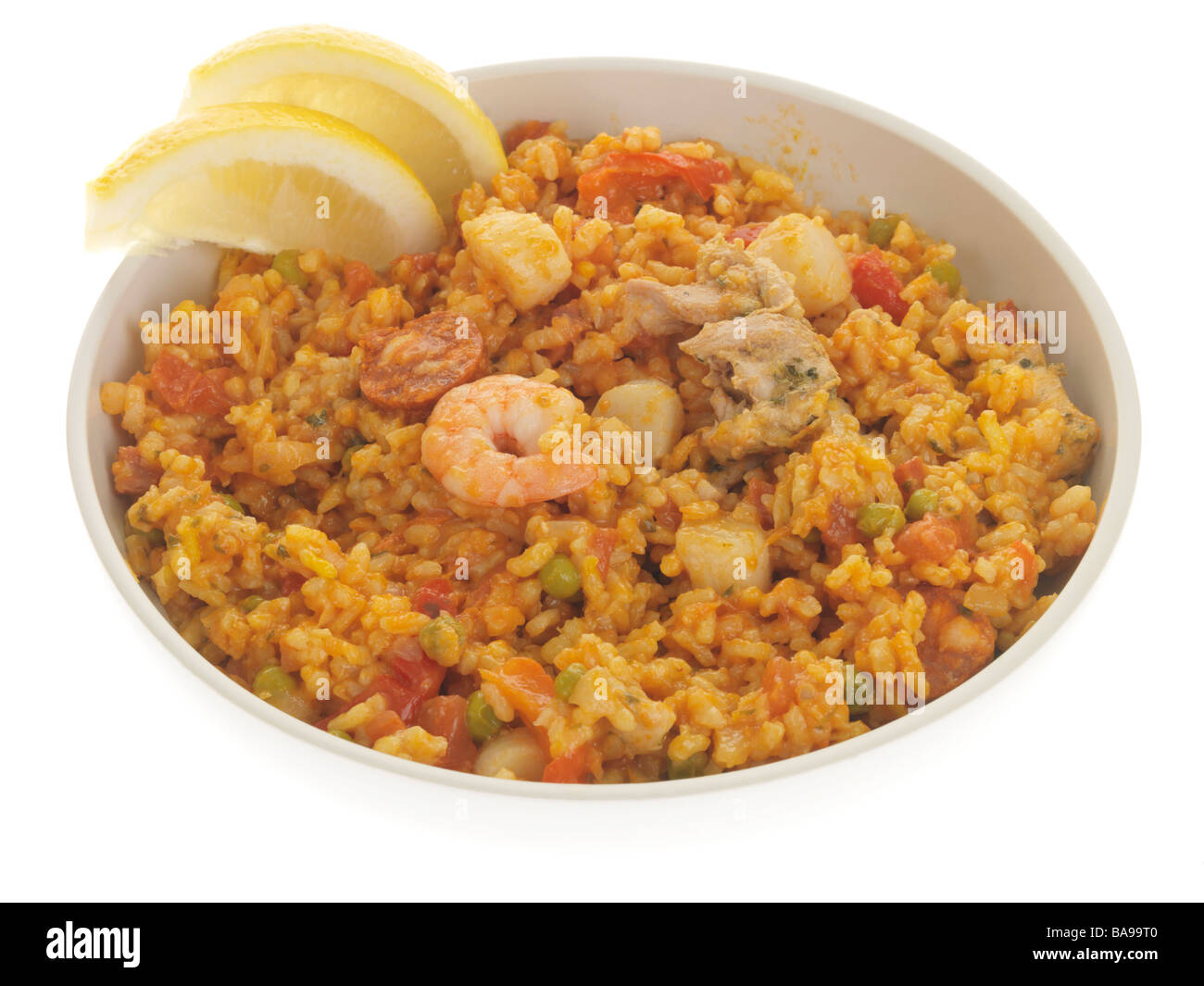 Freshly Prepared Spanish Style Seafood Paella Meal Isolated Against A ...