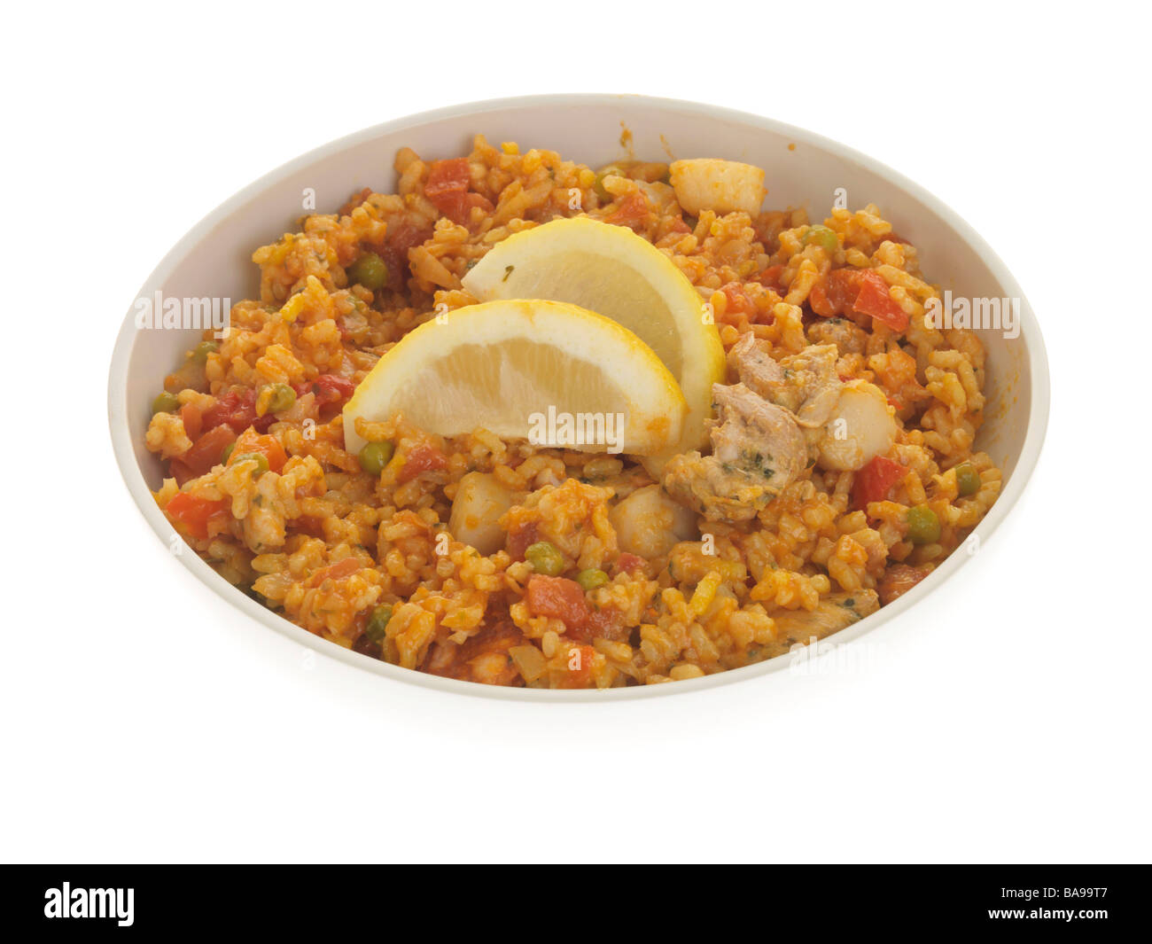 Freshly Prepared Spanish Style Seafood Paella Meal Isolated Against A ...