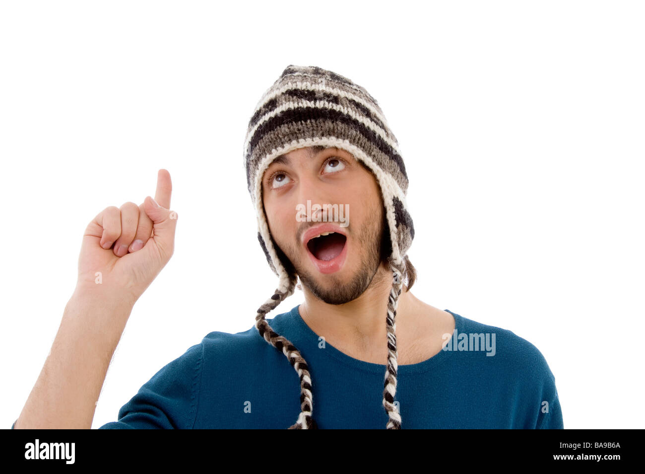 portrait of pointing man looking upward Stock Photo - Alamy