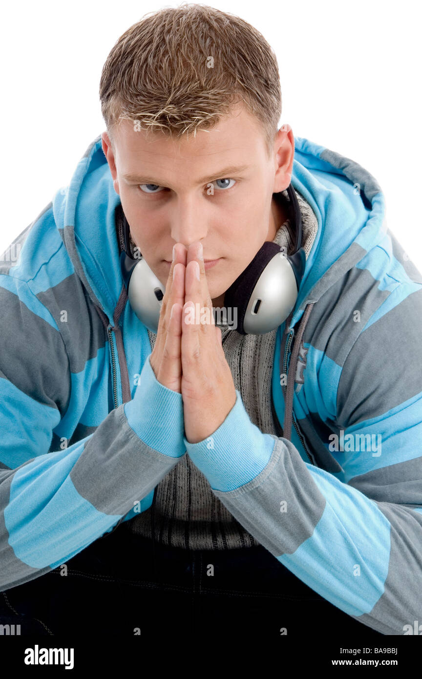 sitting man with headphone Stock Photo - Alamy