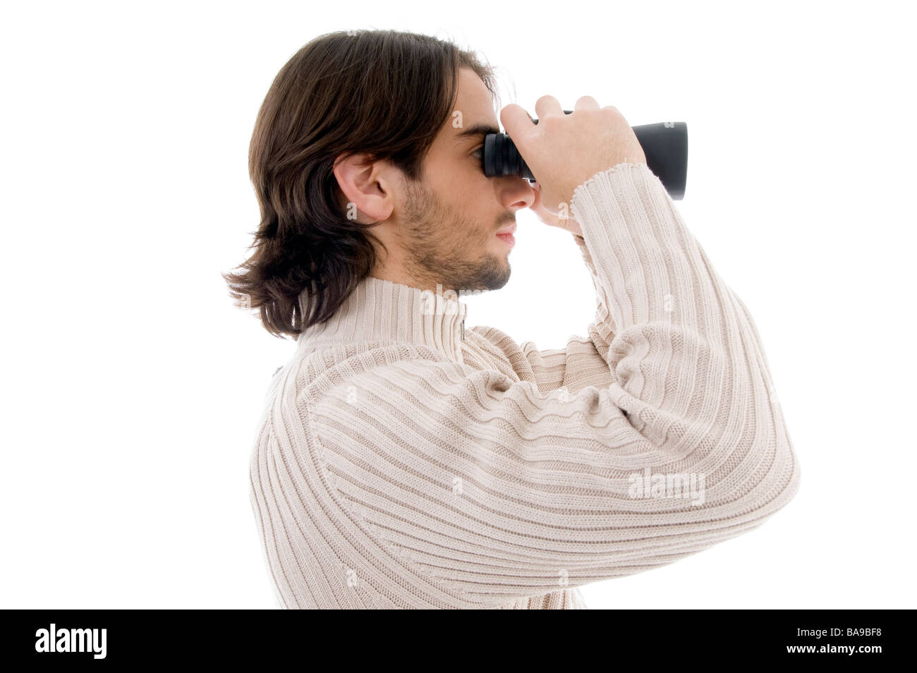 side pose of young man watching through binocular Stock Photo - Alamy