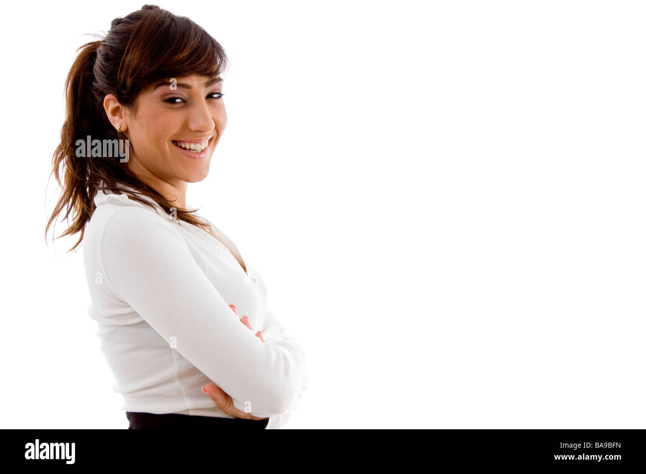 side pose of smiling businesswoman Stock Photo - Alamy