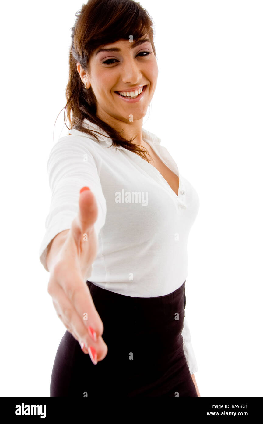 side pose of smiling businesswoman offering handshake Stock Photo - Alamy