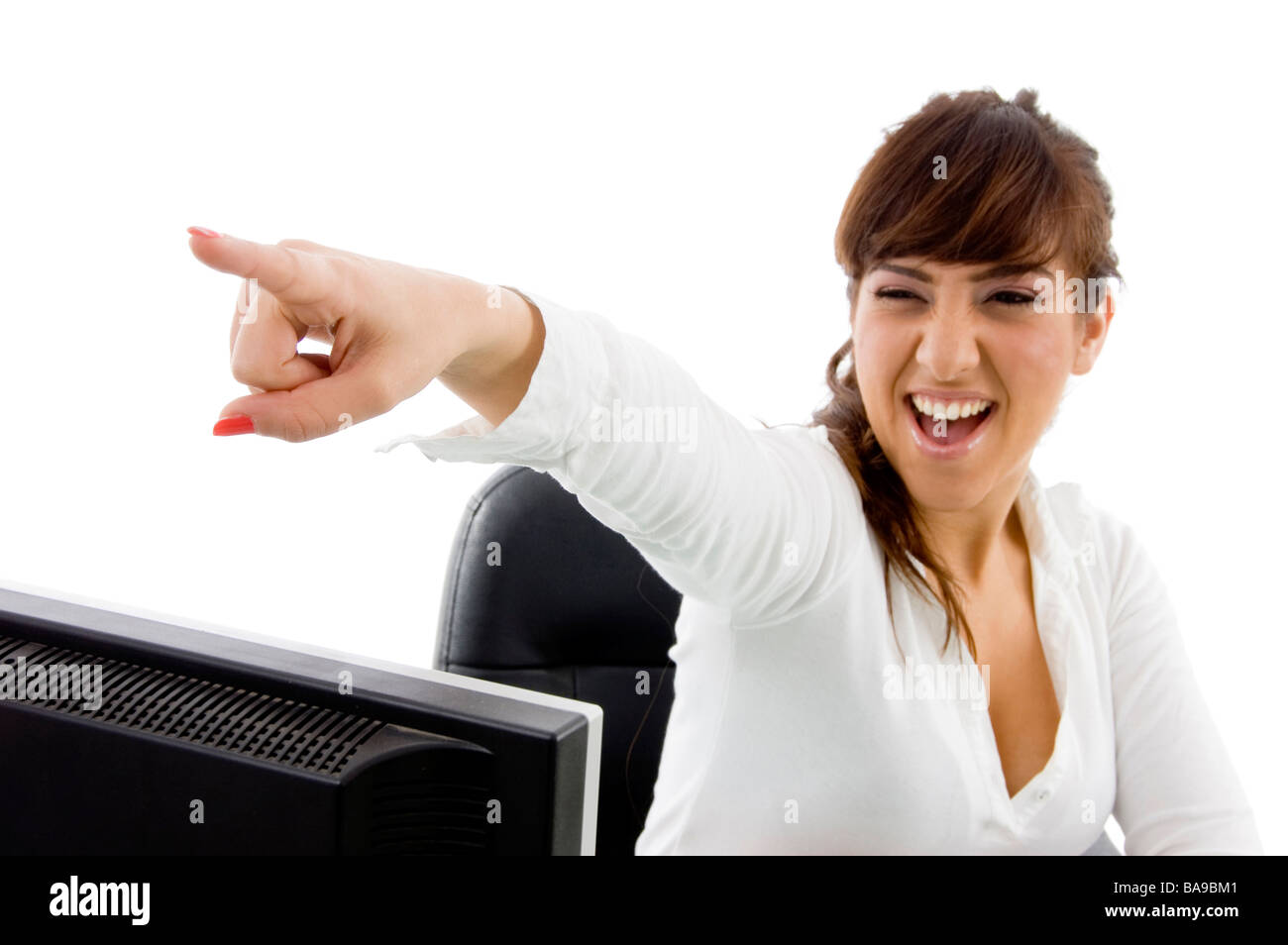 side pose of angry female accountant pointing sideways Stock Photo - Alamy