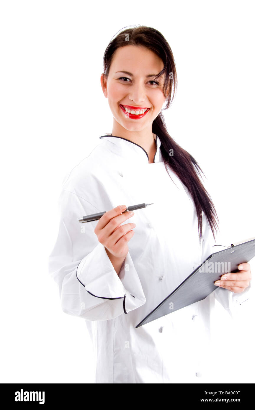 female chef writing down the menu Stock Photo - Alamy