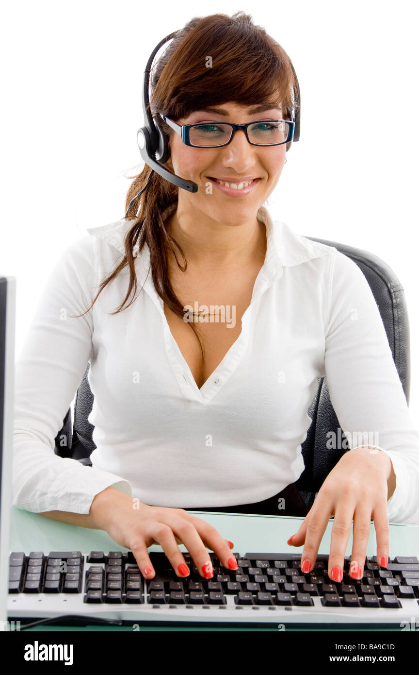 front view of smiling female customer care executive Stock Photo - Alamy