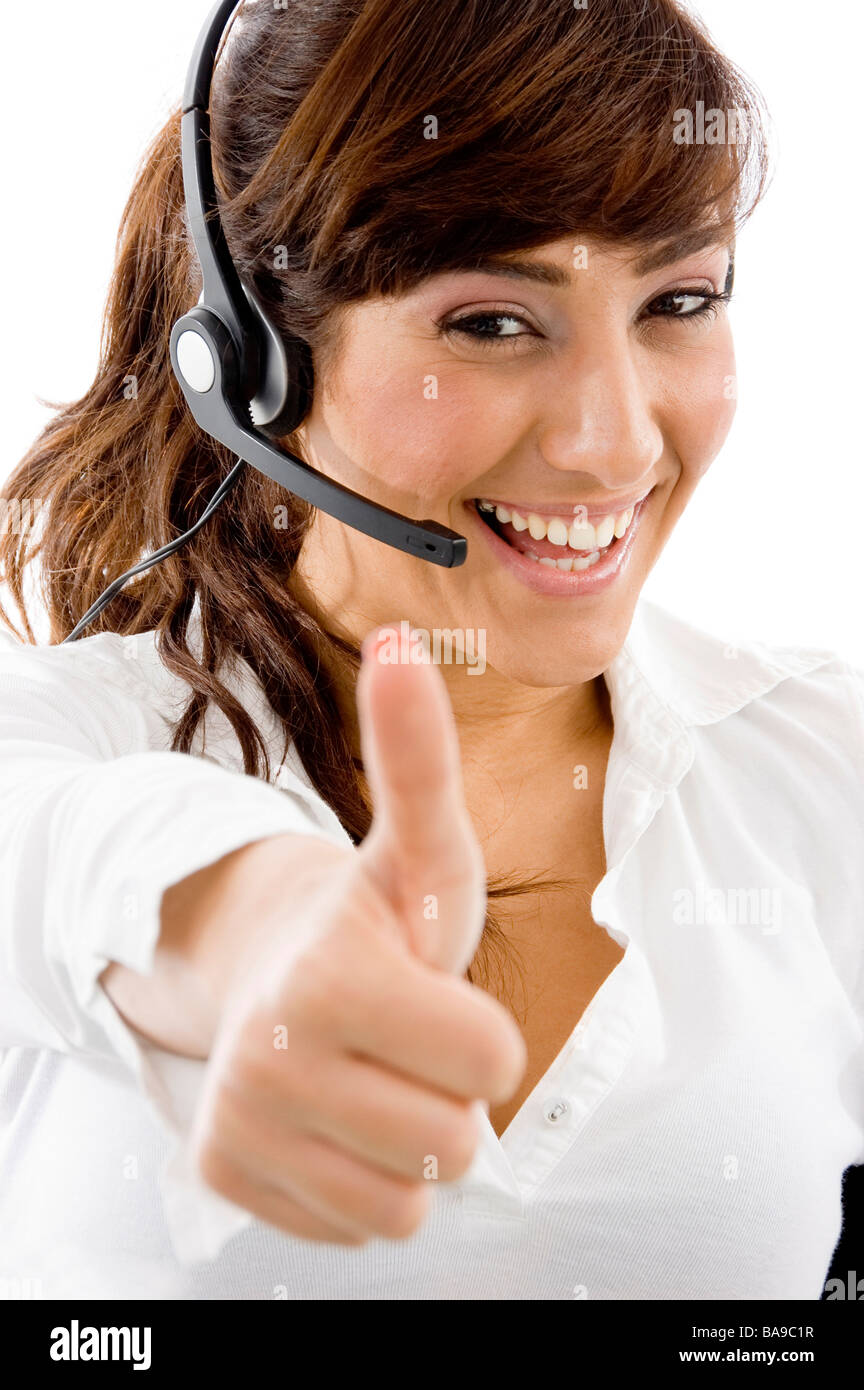front view of smiling service provider with thumbs up Stock Photo - Alamy