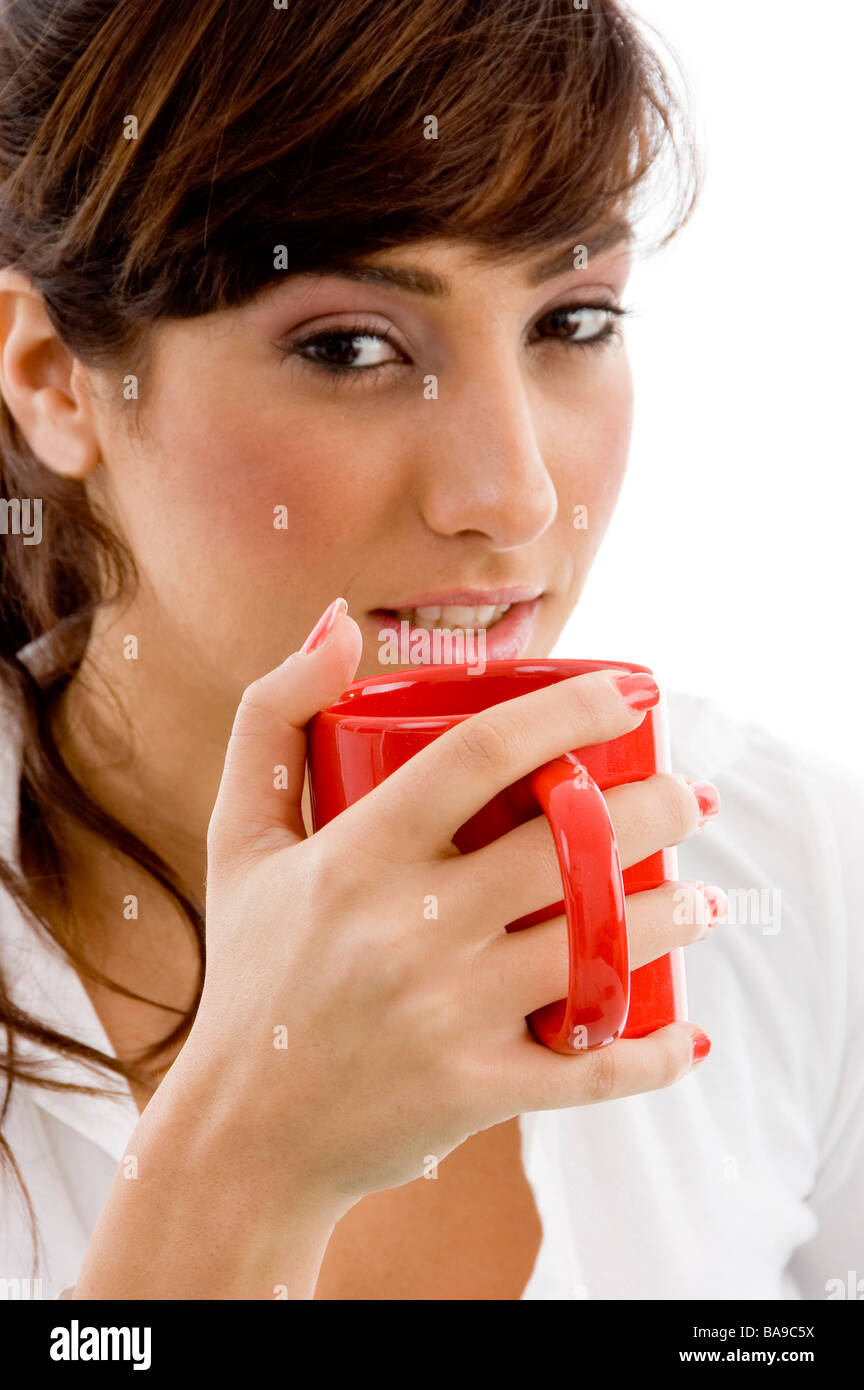 front view of female accountant drinking coffee Stock Photo - Alamy