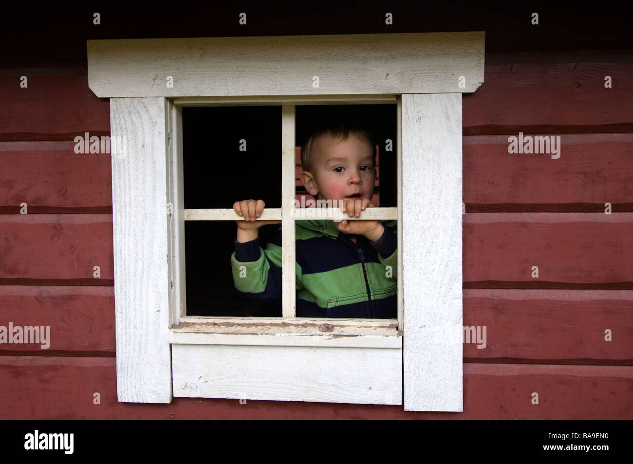 A child looking out through a window Sweden Stock Photo - Alamy