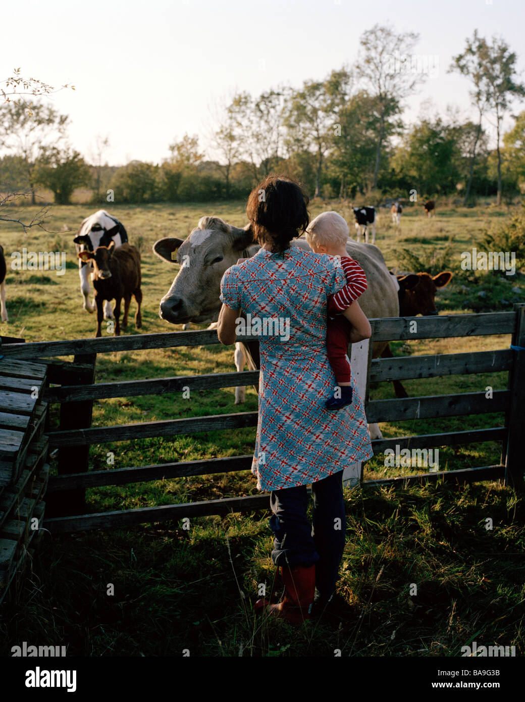 Mother and daughter standing outside an enclosed pasture, watching the ...