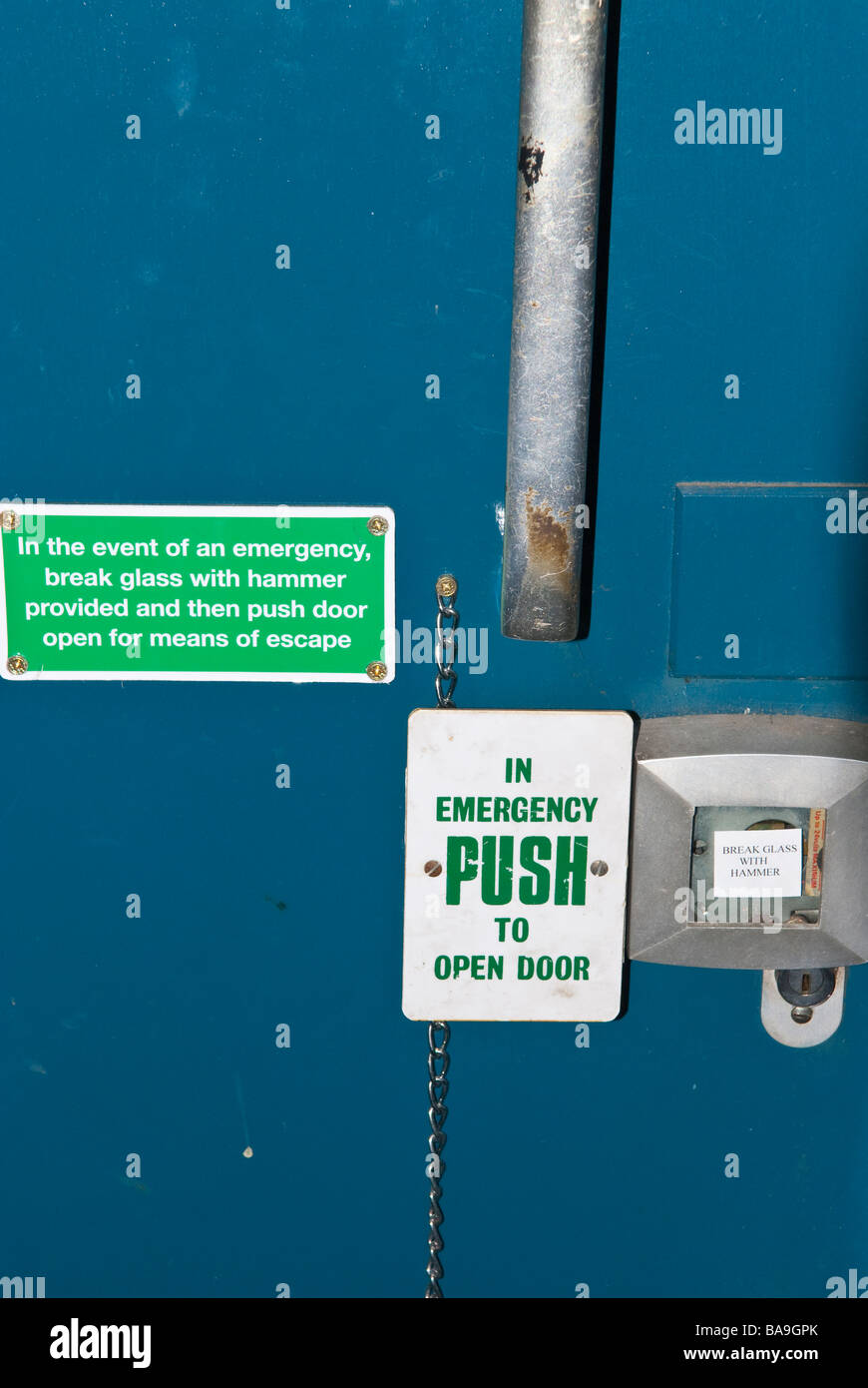 A uk fire emergency door with instructions on how to open it Stock ...