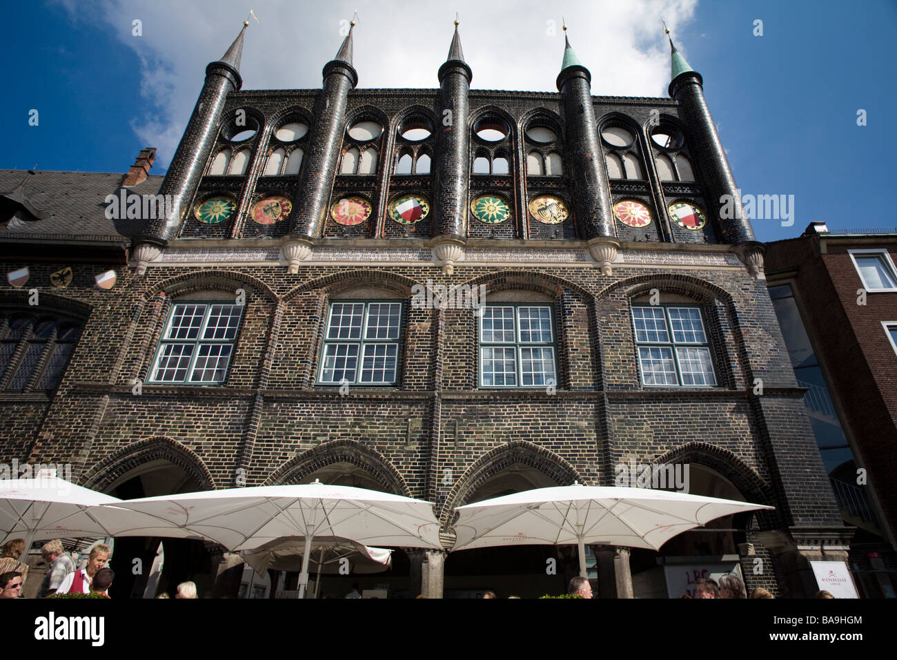 Luebecker Rathaus palace in Lubeck, Germany. Cafè Niederegger ...