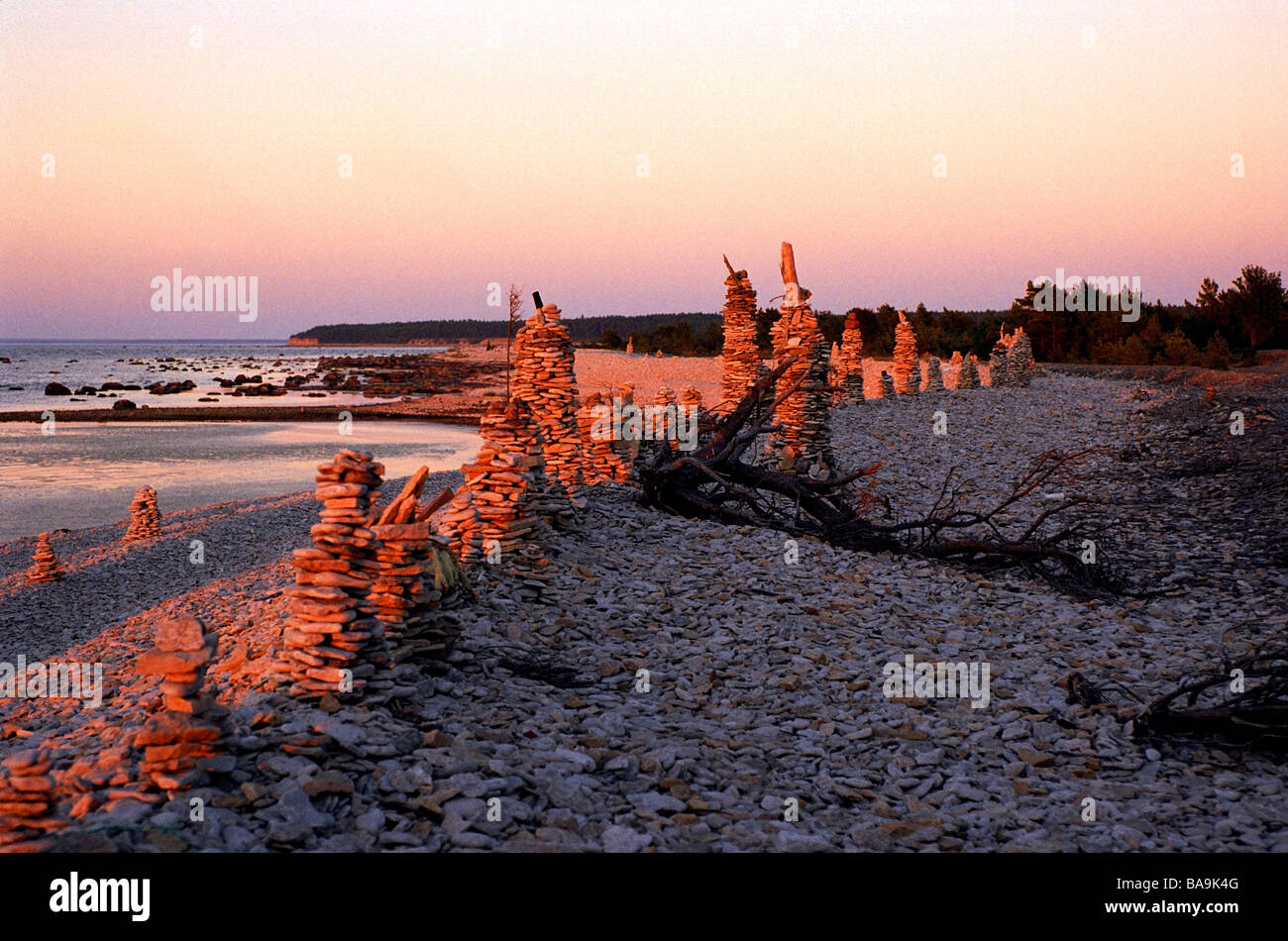 Stony Beach with stone towers Stock Photo - Alamy