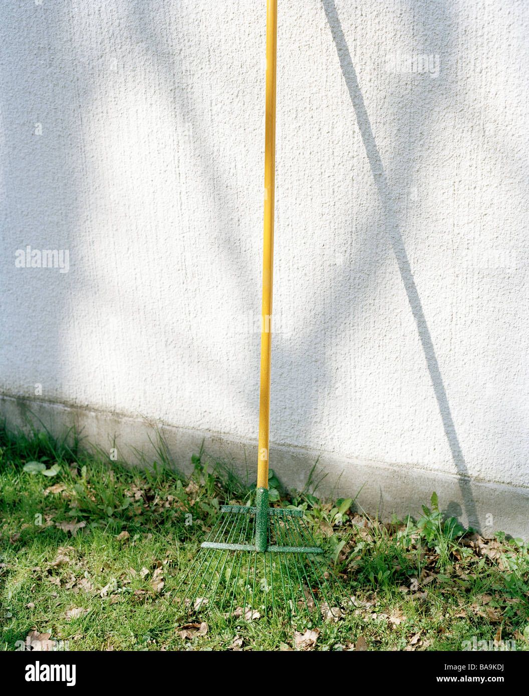 A rake leaning against a wall Stock Photo - Alamy