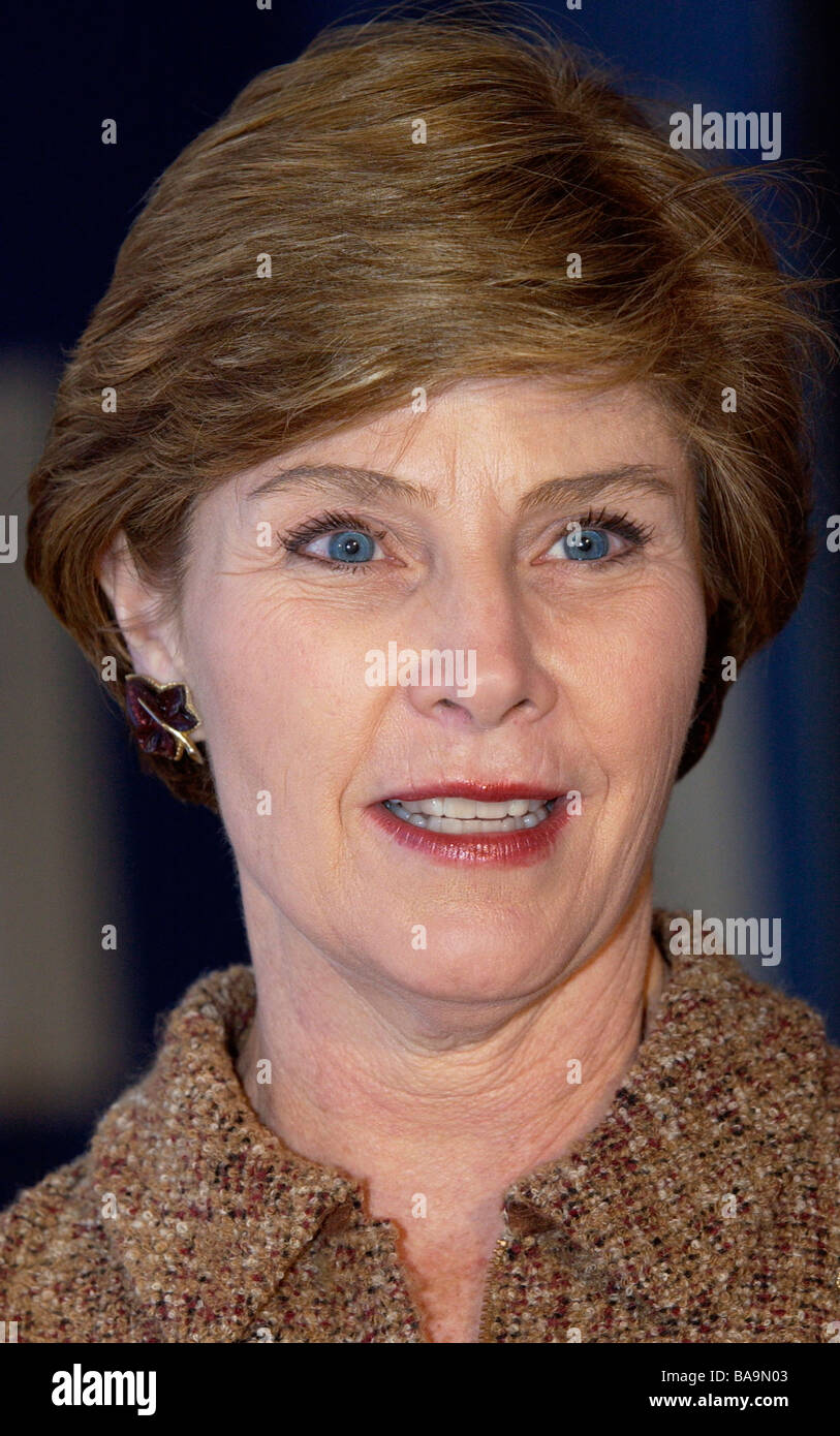 First Lady Mrs Laura Bush portrait in London during a visit to Britain ...