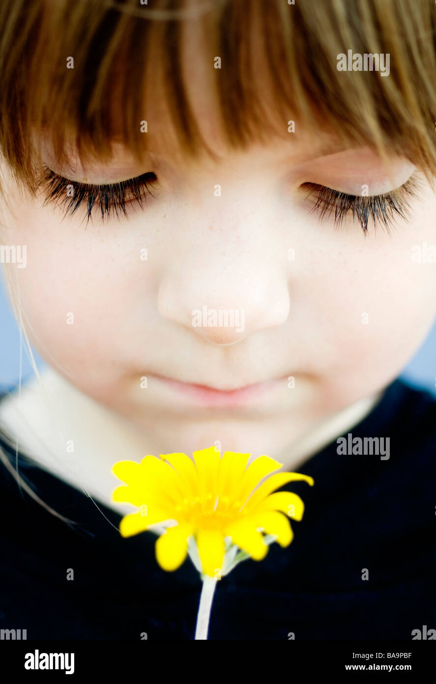 Young child holding yellow flower to her face Stock Photo - Alamy