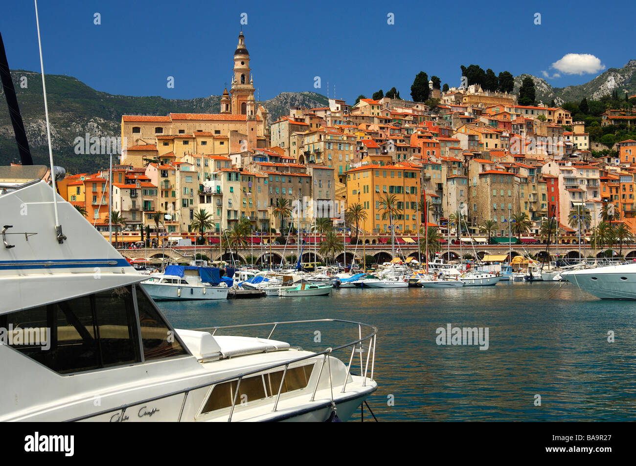 The Old Port of Menton, in the back the Old Town of Menton with the ...