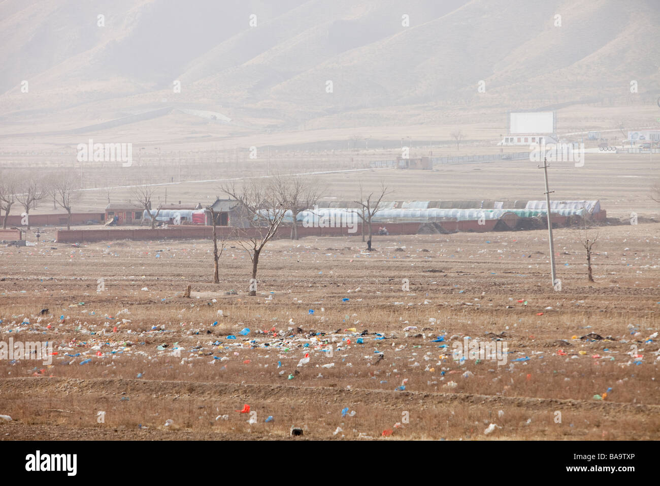 Plastic rubbish litters the countryside in Inner Mongolia in northern ...