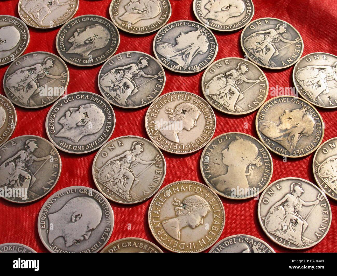 Old Penny of various dates featuring the Kings and Queens of England ...