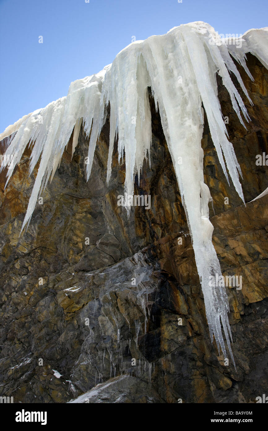 Large icicles hang from the roadside cliffs along The Million Dollar ...
