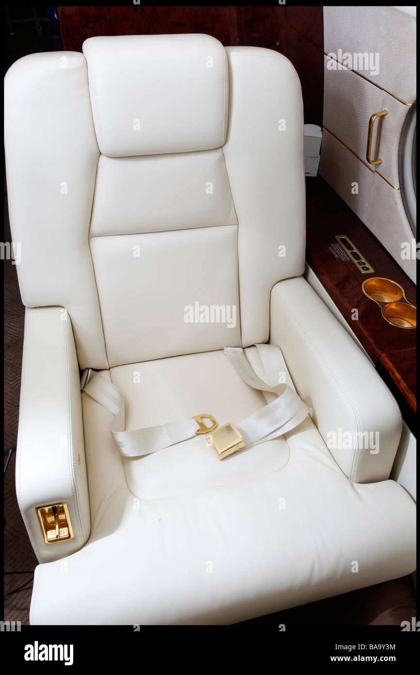 High class interior of a Gulf stream jet with Gold seat belts and trim ...