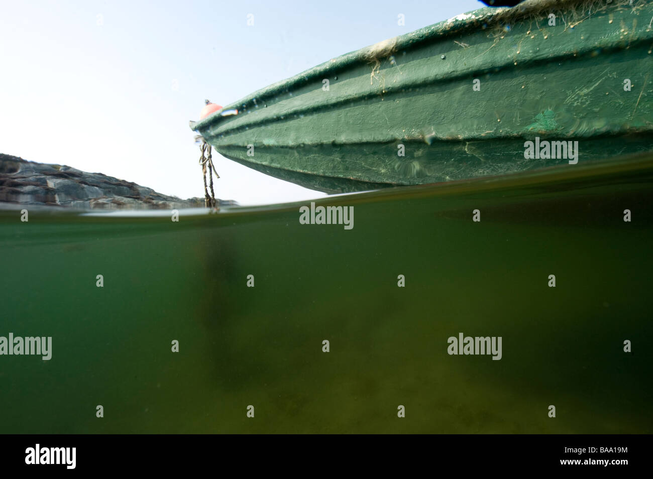 Swedish coast view, small rowing boat, above and below water, Halland ...