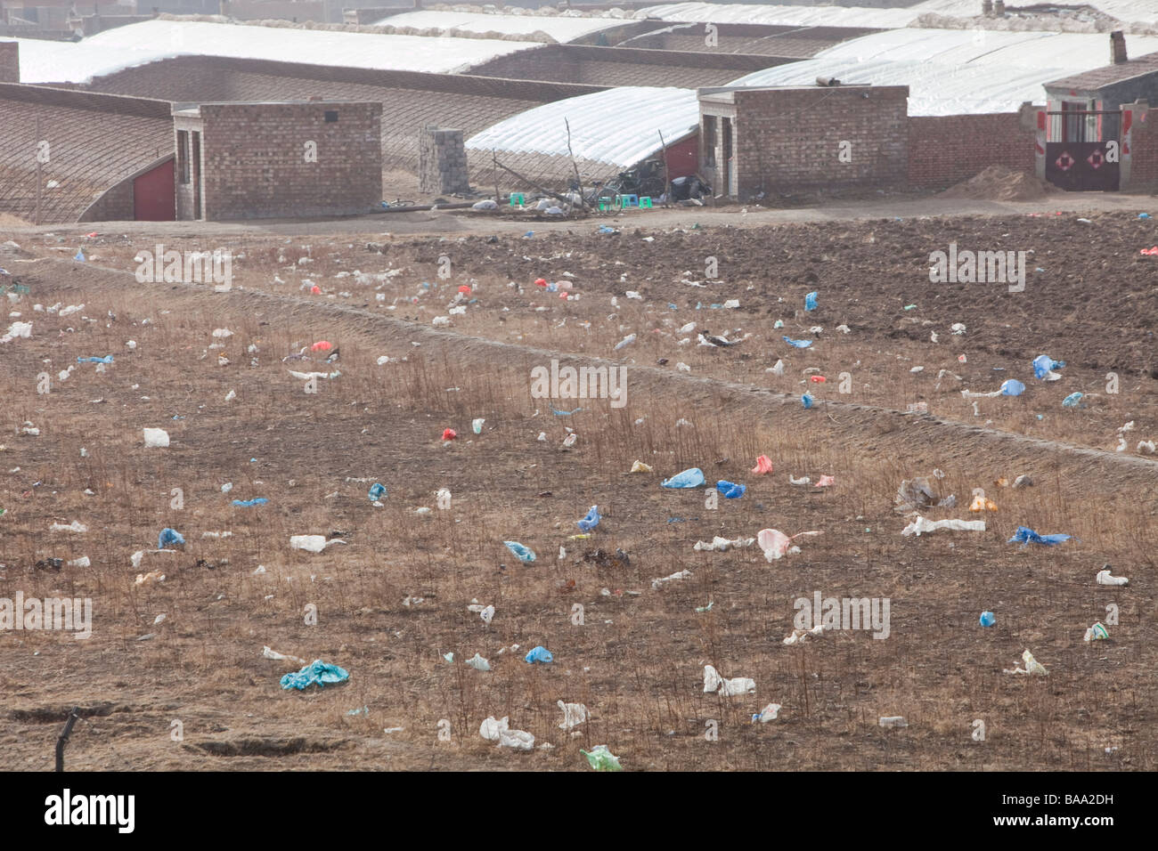 Plastic rubbish litters the countryside in Inner Mongolia in northern ...