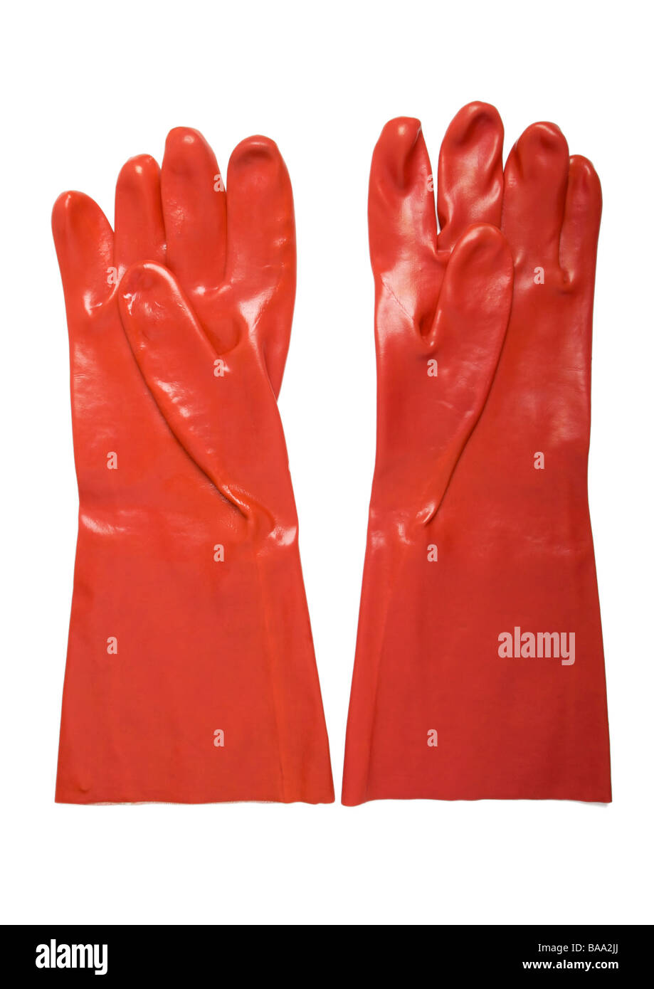 Red PVC gauntlet gloves on white background Stock Photo - Alamy