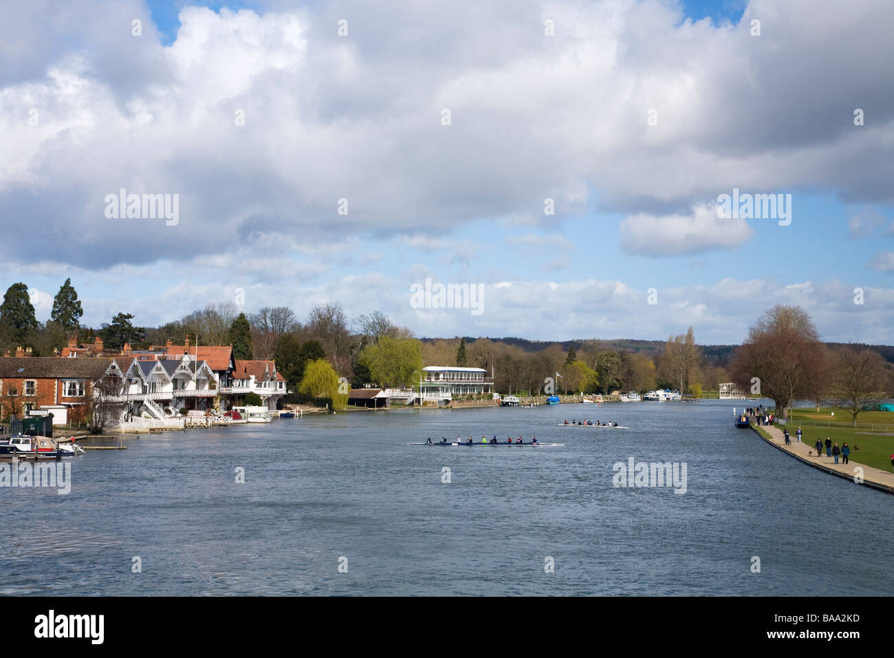 Rowers in boats rowing on River Thames in spring Henley-on-Thames ...