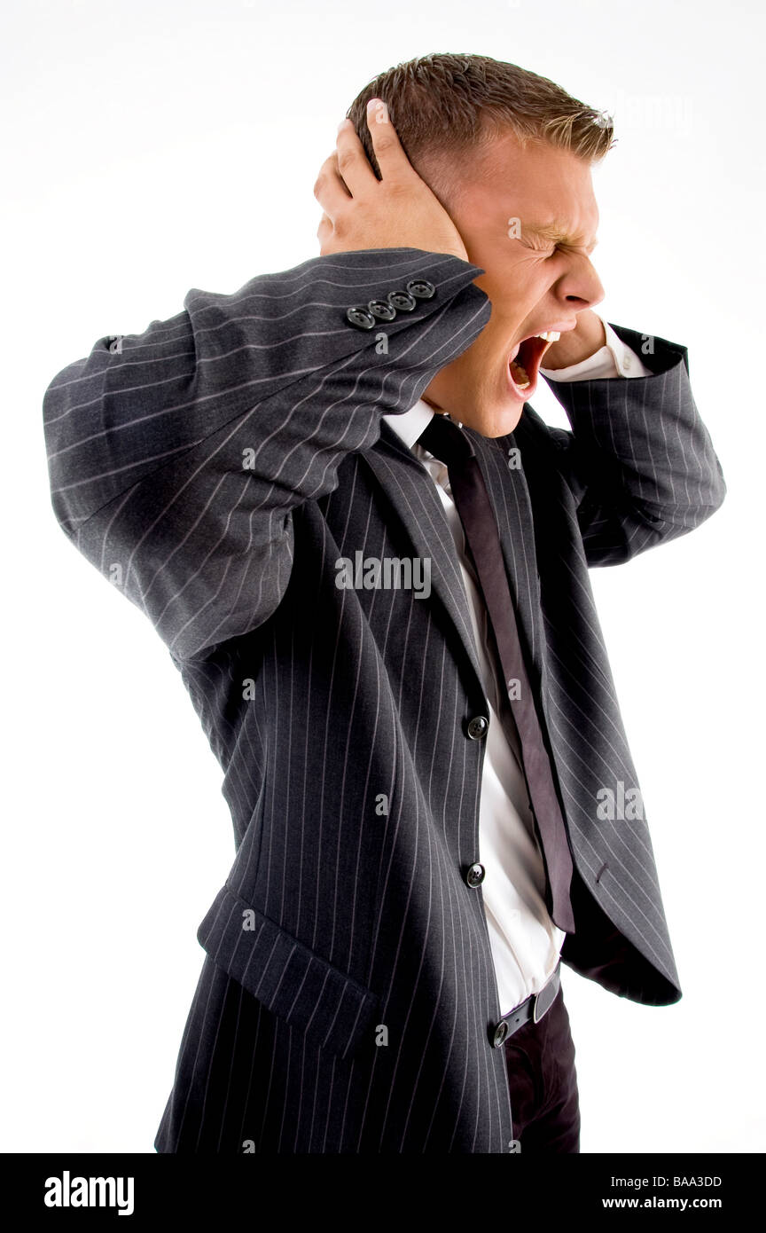 side pose of yelling businessman Stock Photo - Alamy