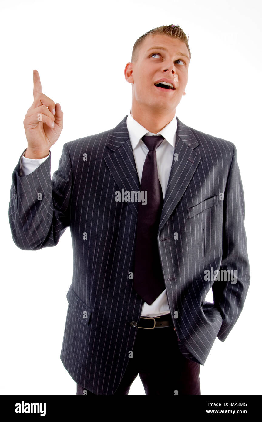 happy young professional indicating upward Stock Photo - Alamy