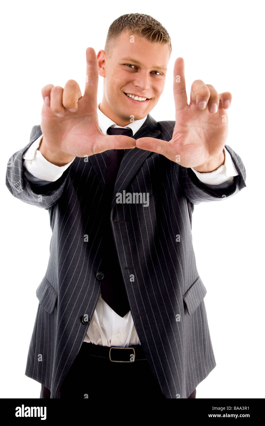 happy successful business man making frame hand gesture Stock Photo - Alamy