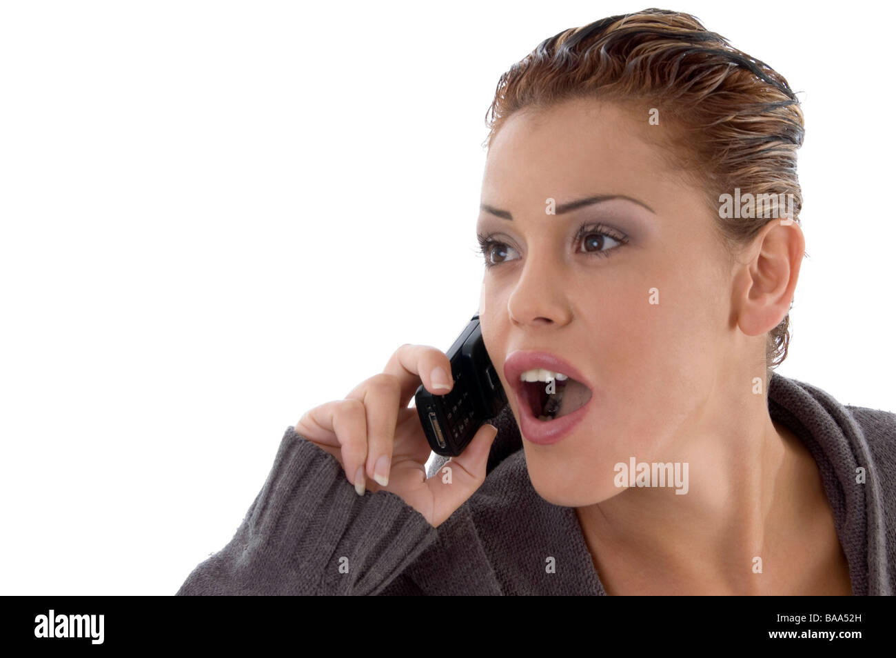 surprised woman on phone call Stock Photo - Alamy