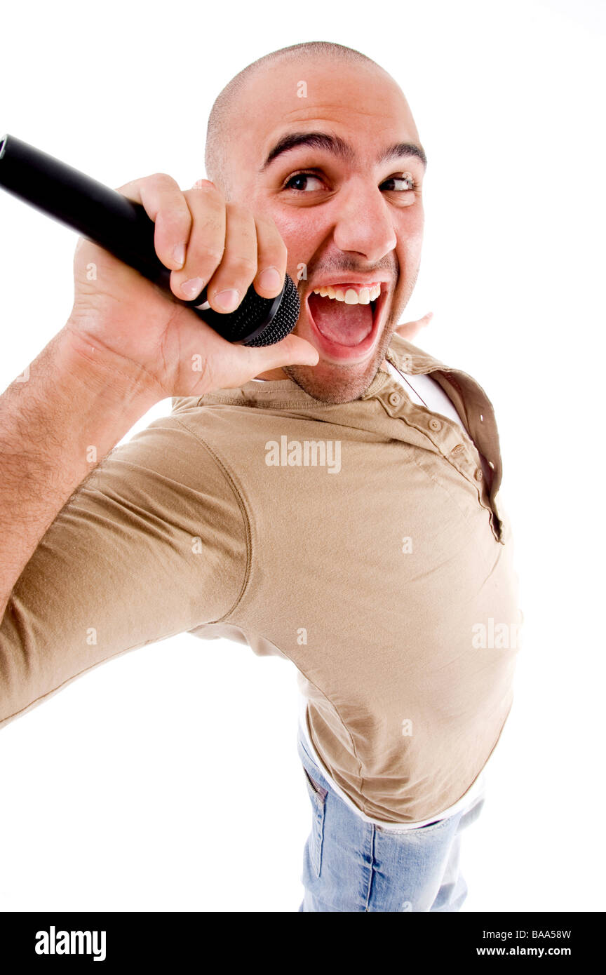 happy singer singing into microphone Stock Photo - Alamy