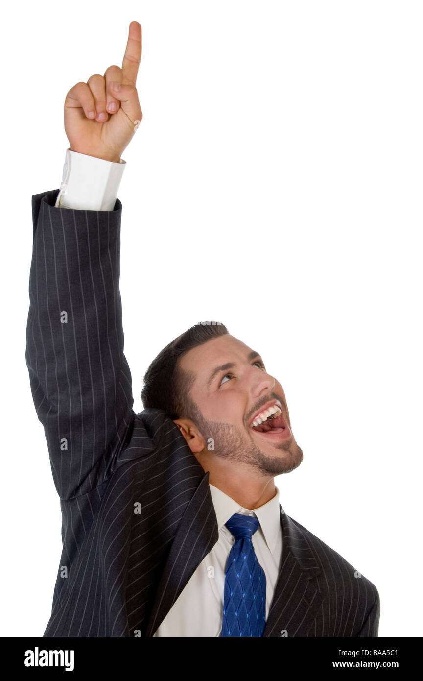happy businessman pointing upward Stock Photo - Alamy