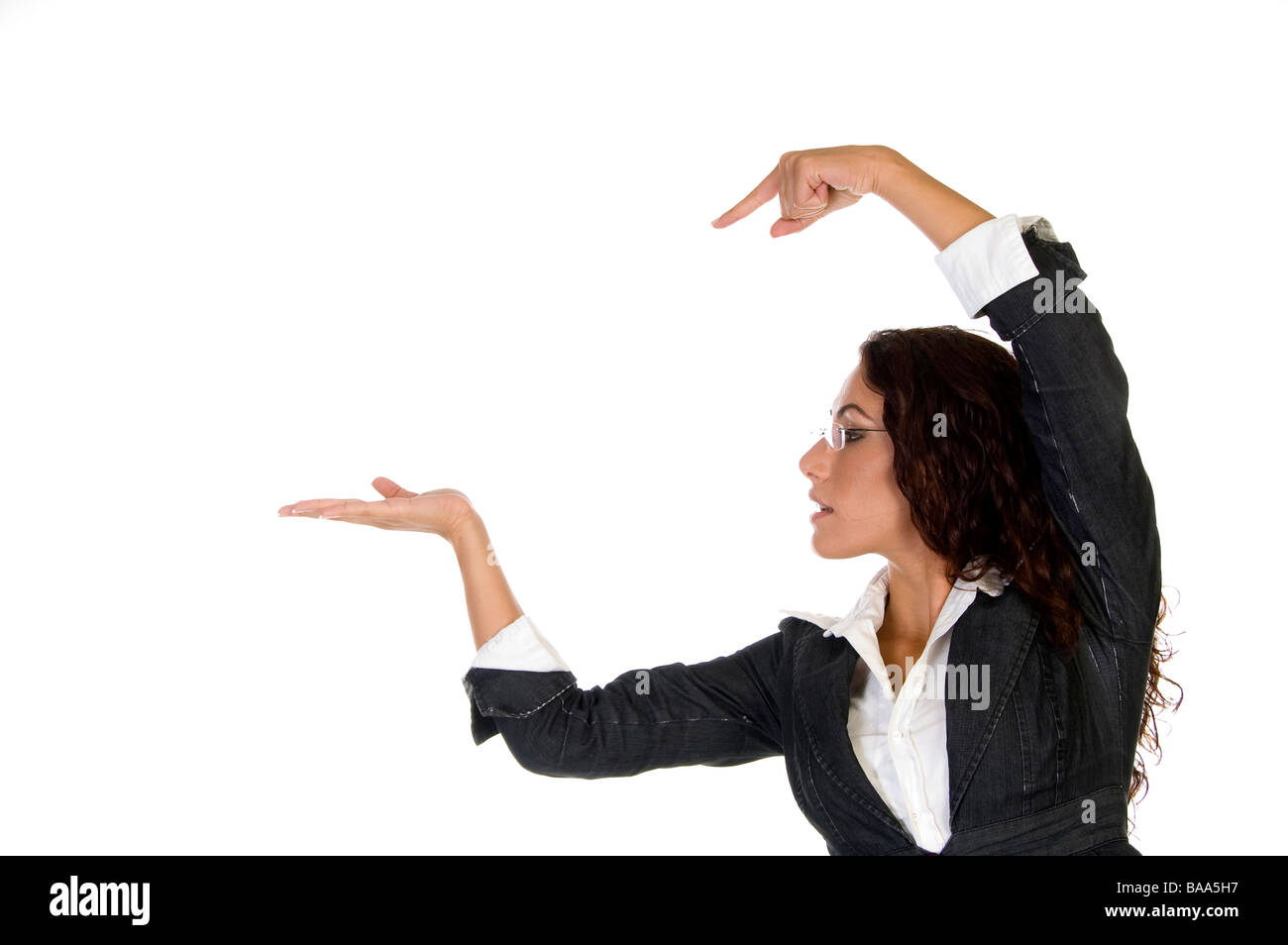 lady pointing on palm Stock Photo - Alamy