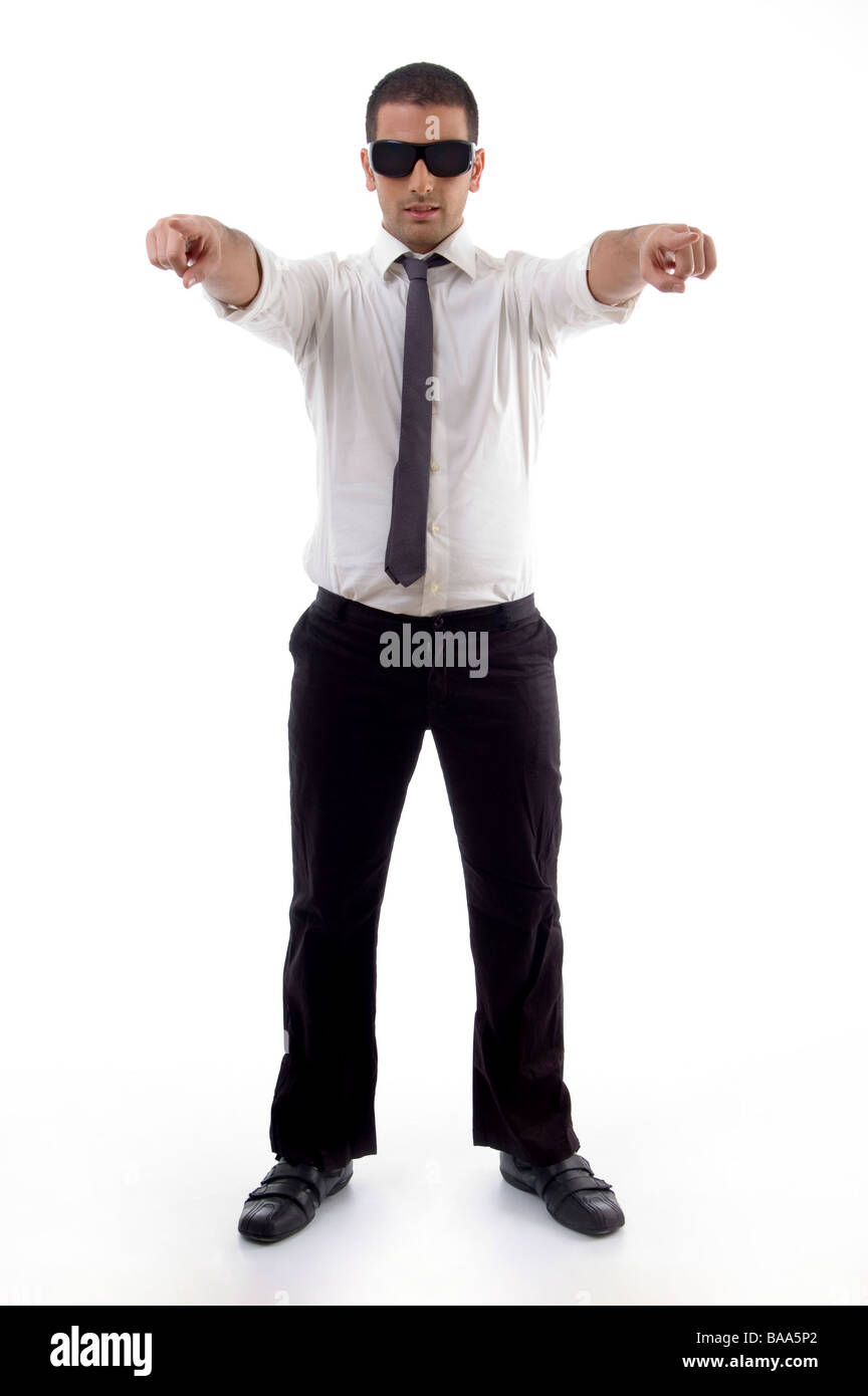 standing professional man pointing with both hands Stock Photo - Alamy