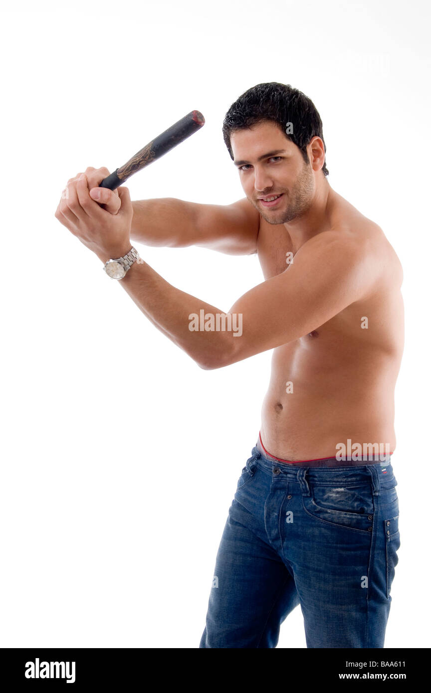 smiling strong man with wooden bat Stock Photo - Alamy