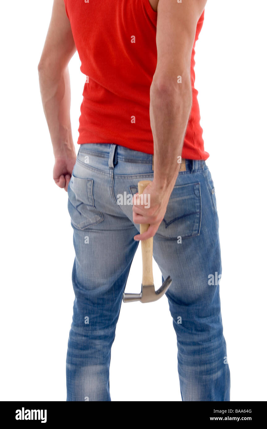 back pose of man holding hammer Stock Photo - Alamy