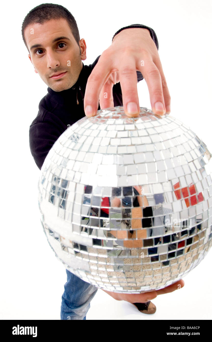 man holding disco ball like a globe Stock Photo - Alamy