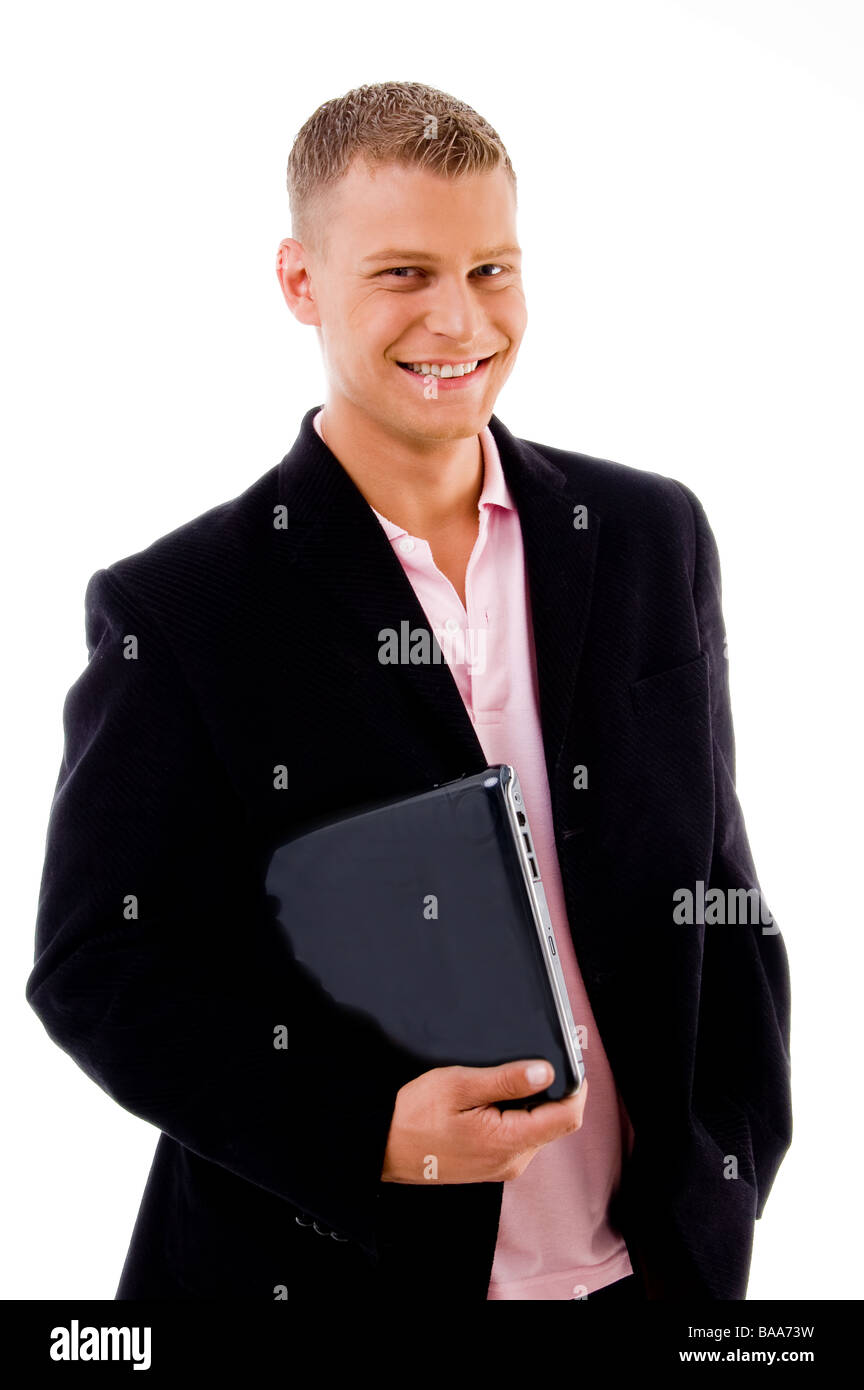 corporate - pleased businessman holding laptop Stock Photo - Alamy