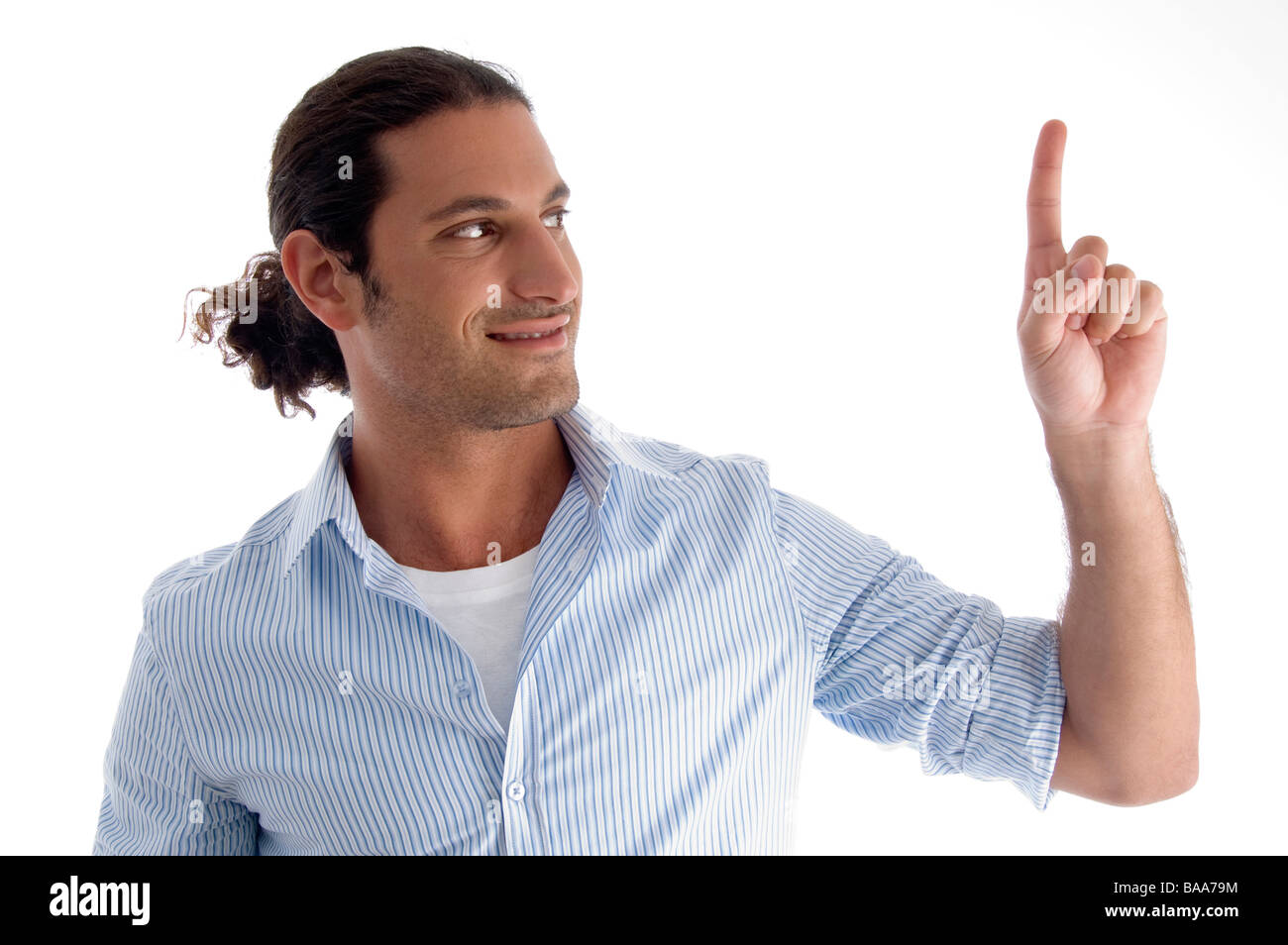 young caucasian man pointing upwards Stock Photo - Alamy