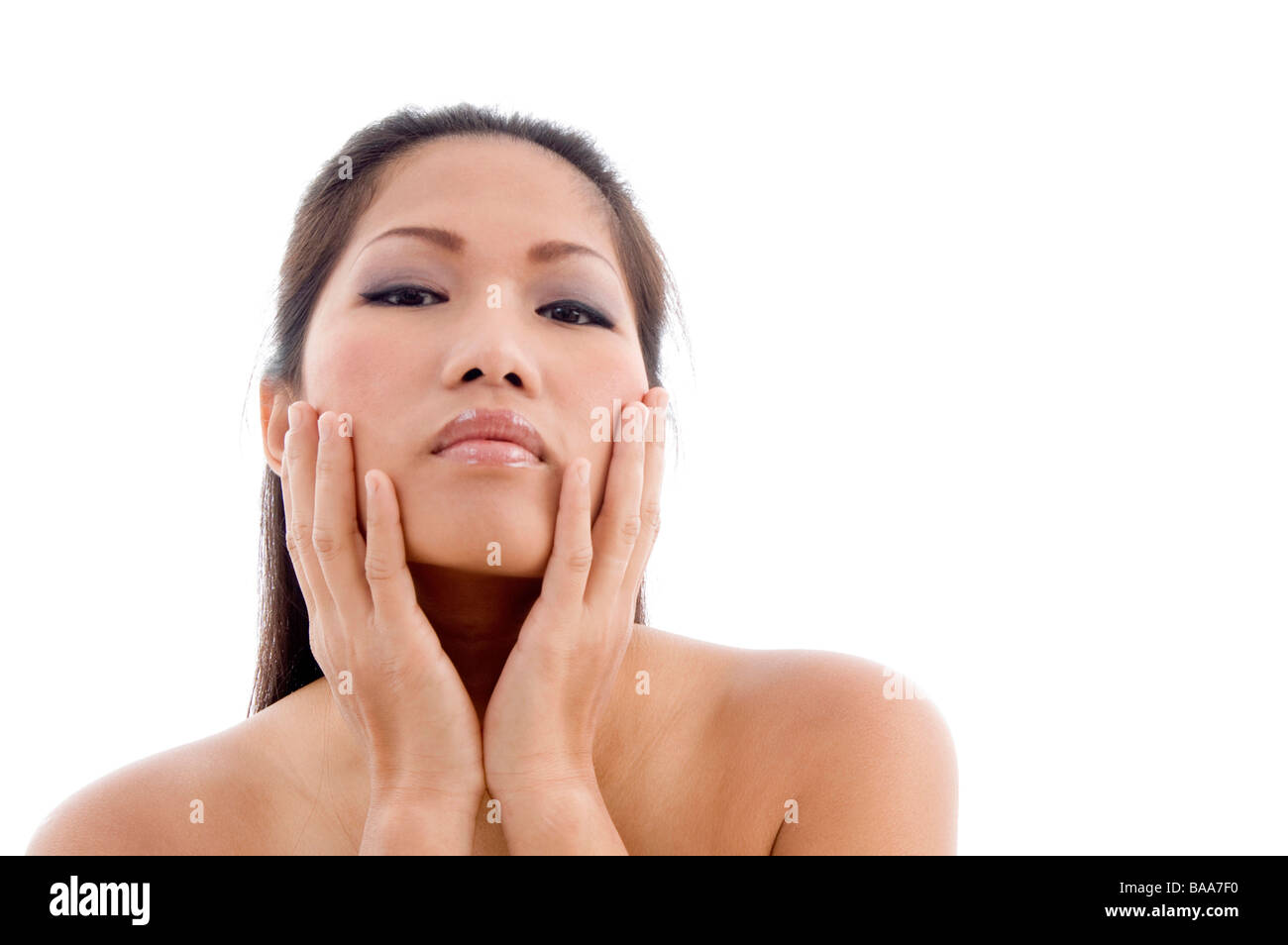 close up of beautiful female holding her face Stock Photo - Alamy