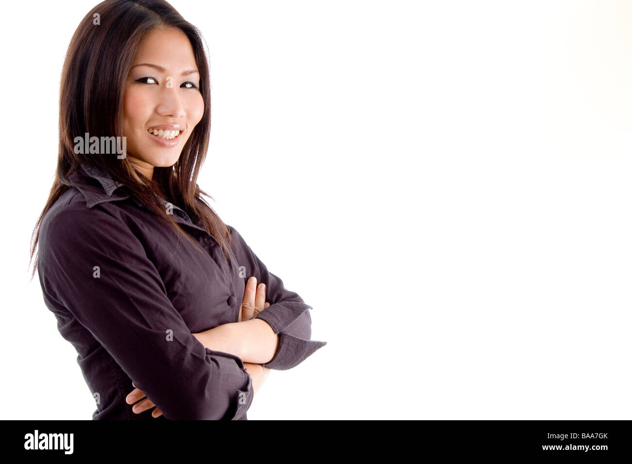 side pose of woman with folded hands Stock Photo - Alamy