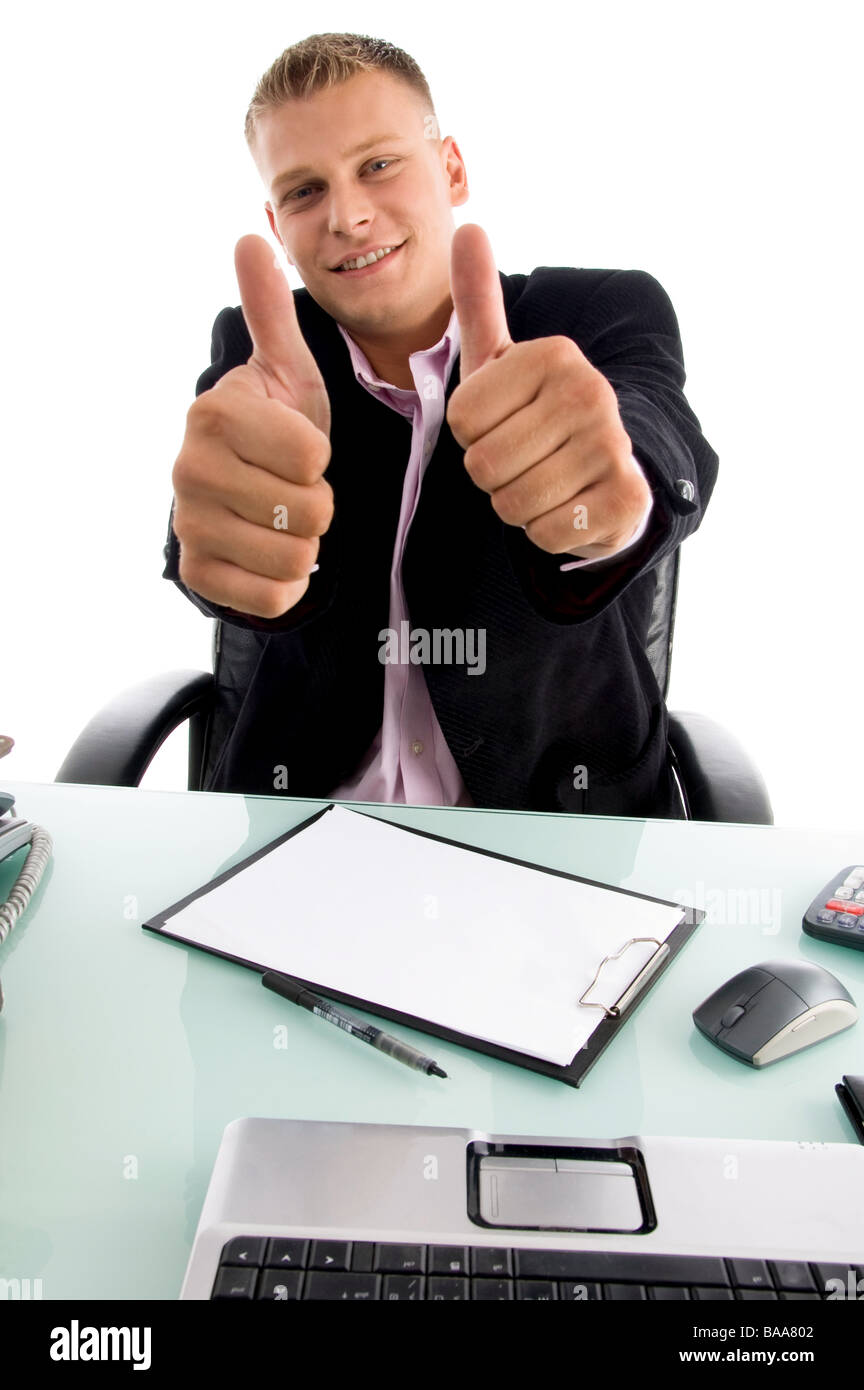 smiling boss showing thumbs up with both hands Stock Photo - Alamy