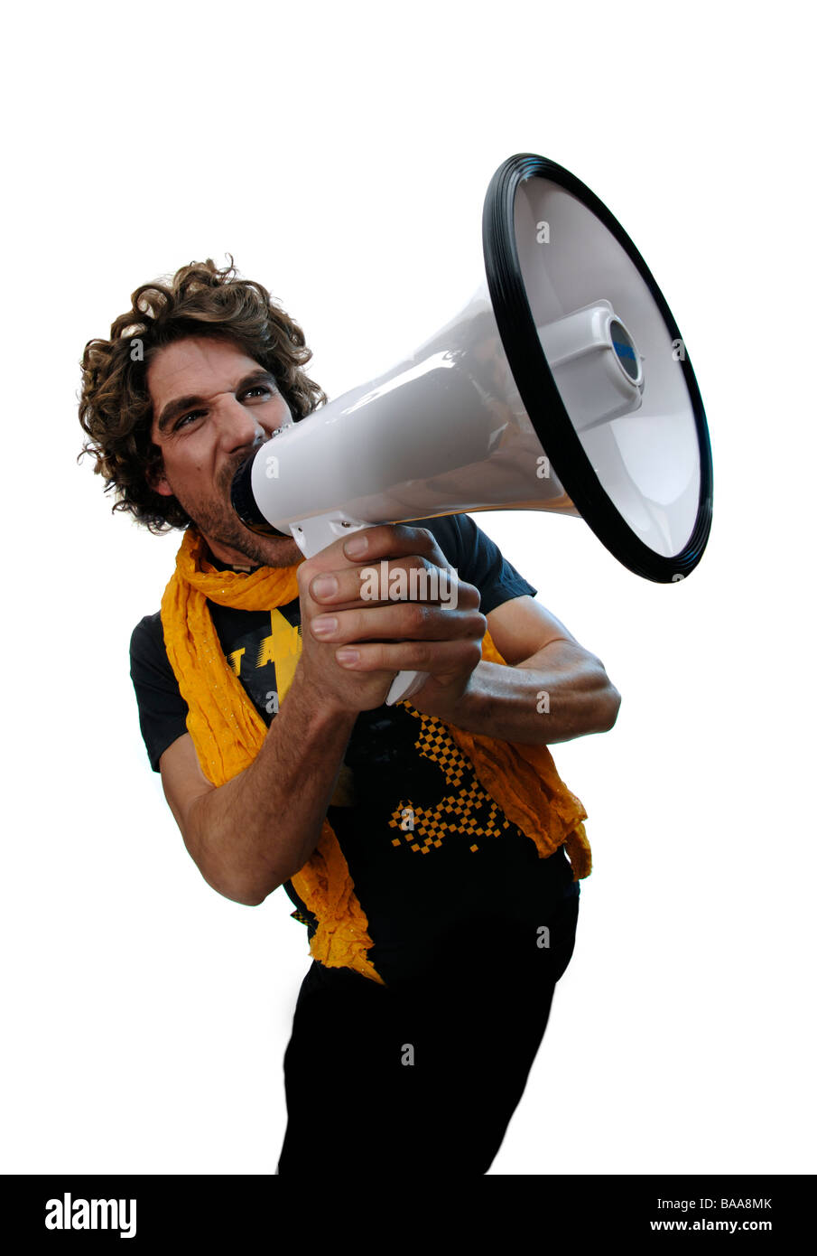 A man yelling in a megaphone, Sweden Stock Photo - Alamy