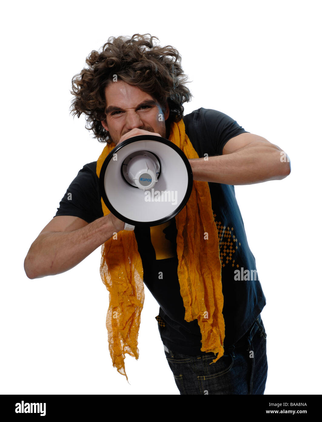 A man yelling in a megaphone, Sweden Stock Photo - Alamy