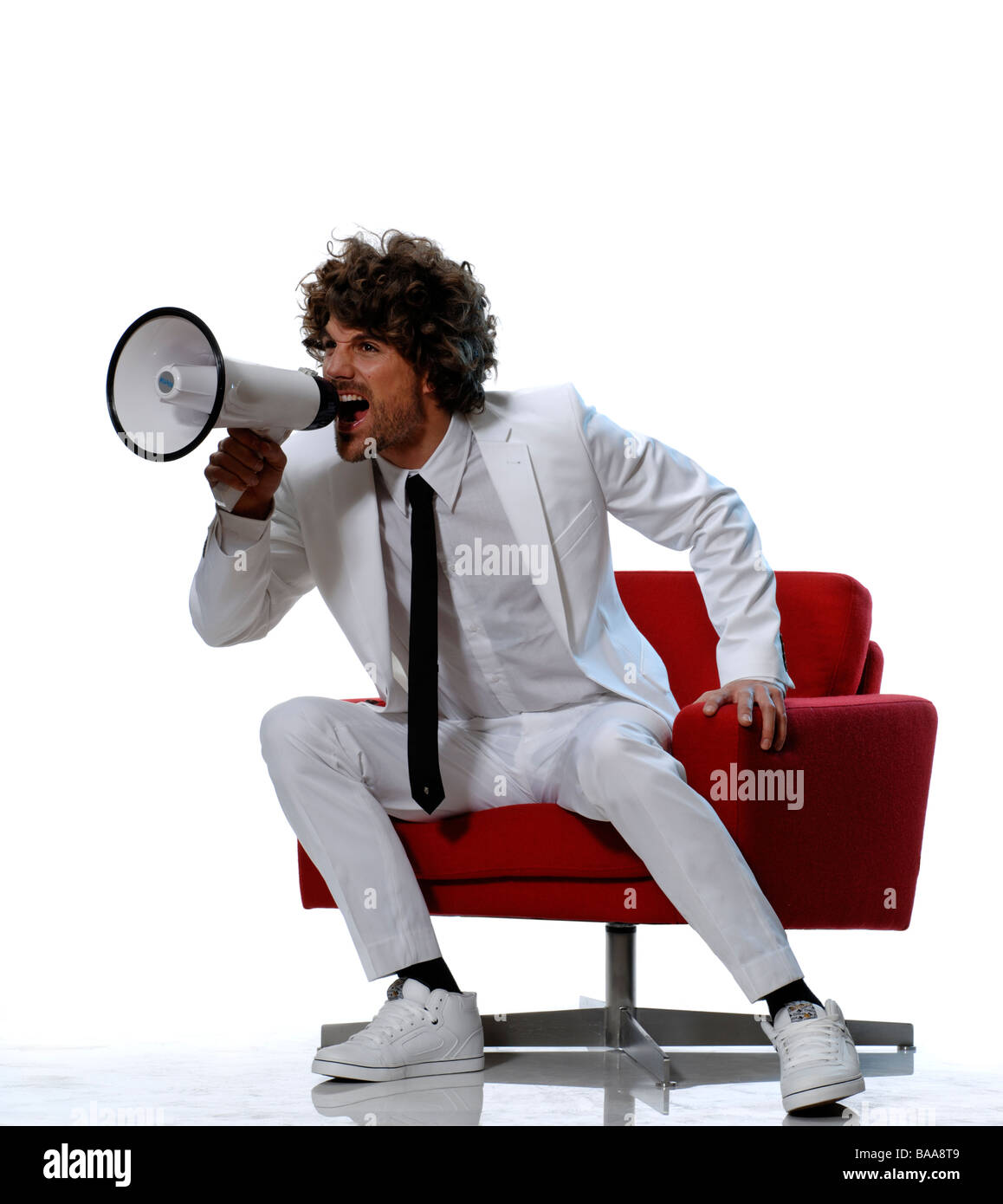 A man yelling in a megaphone, Sweden Stock Photo - Alamy