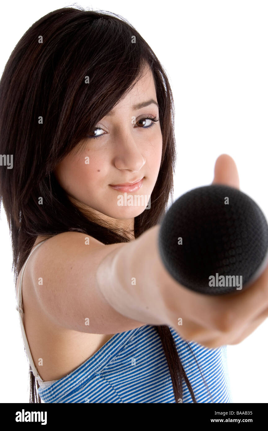 girl showing microphone Stock Photo - Alamy